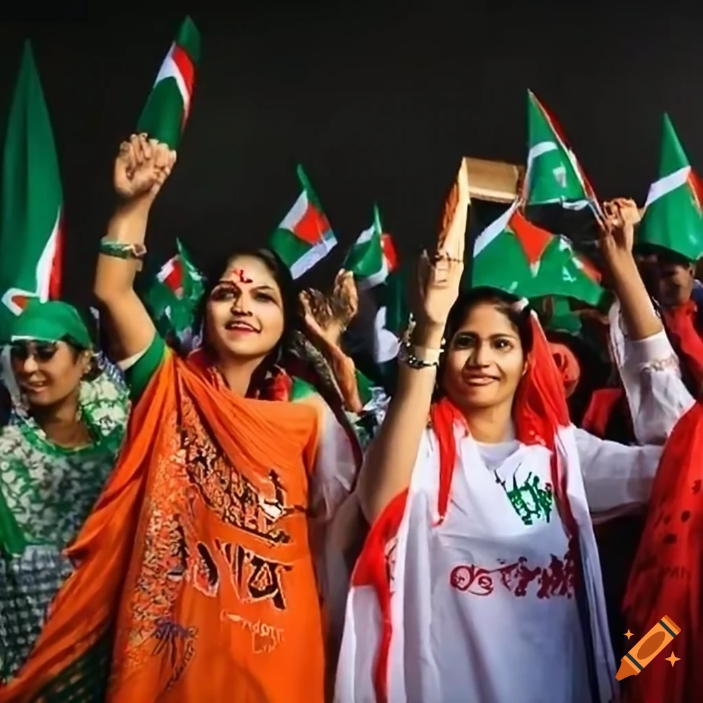 Young woman in pti jersey addressing a crowd with pti flags and caps on ...