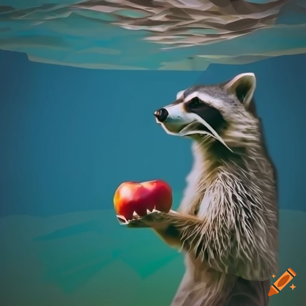 Raccoon underwater holding an apple with low poly ps1 graphics on Craiyon