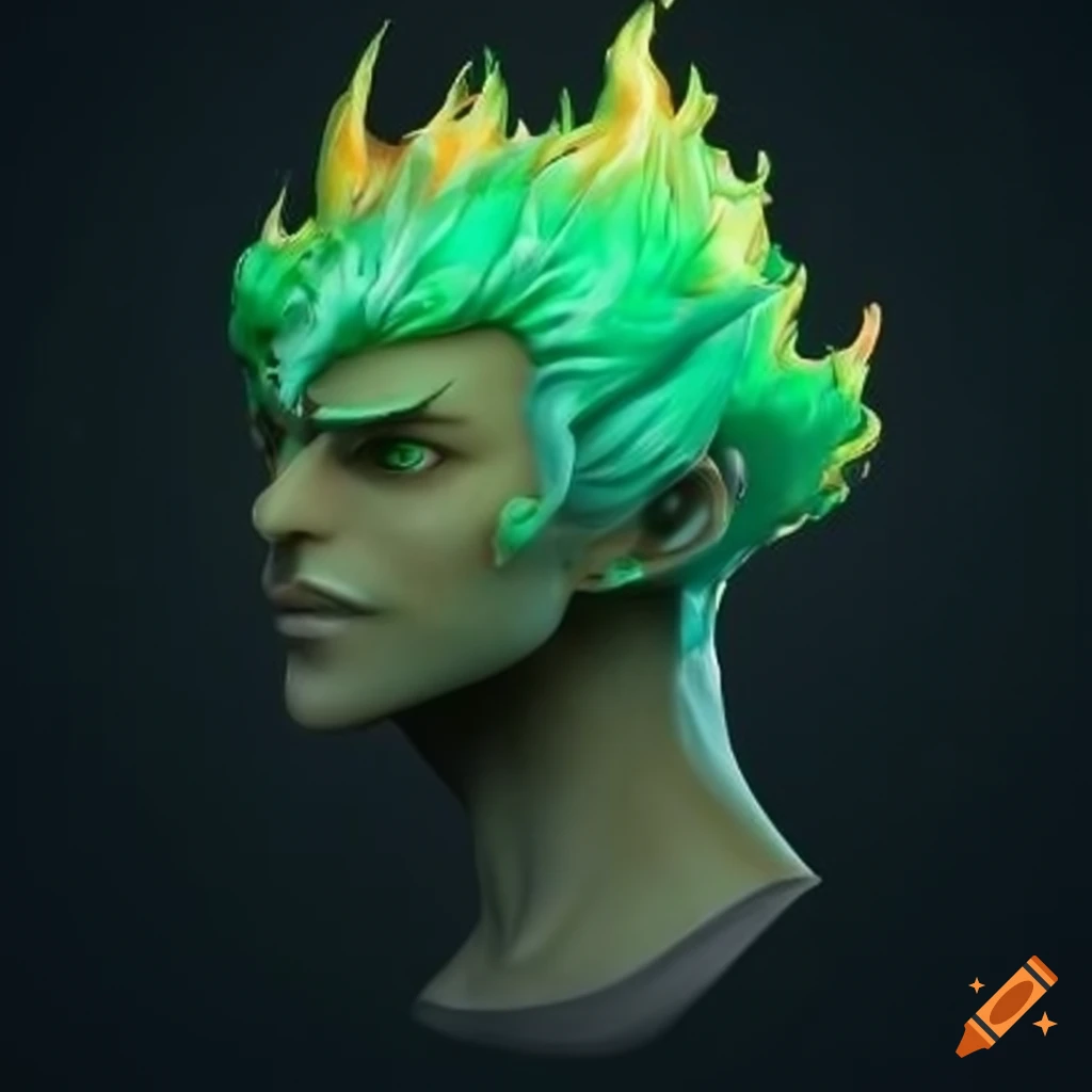 Male anime green fire creature bust on Craiyon