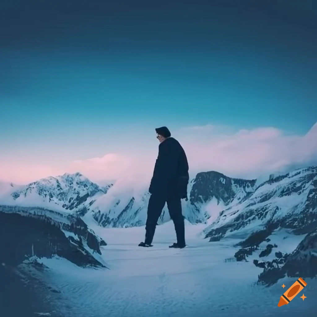 Lonely man traveling on a snowy road near a big snowy mountain with ...