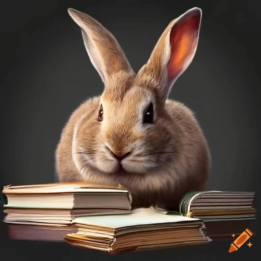 Rabbit eating ancient books in a light-colored illustration on Craiyon