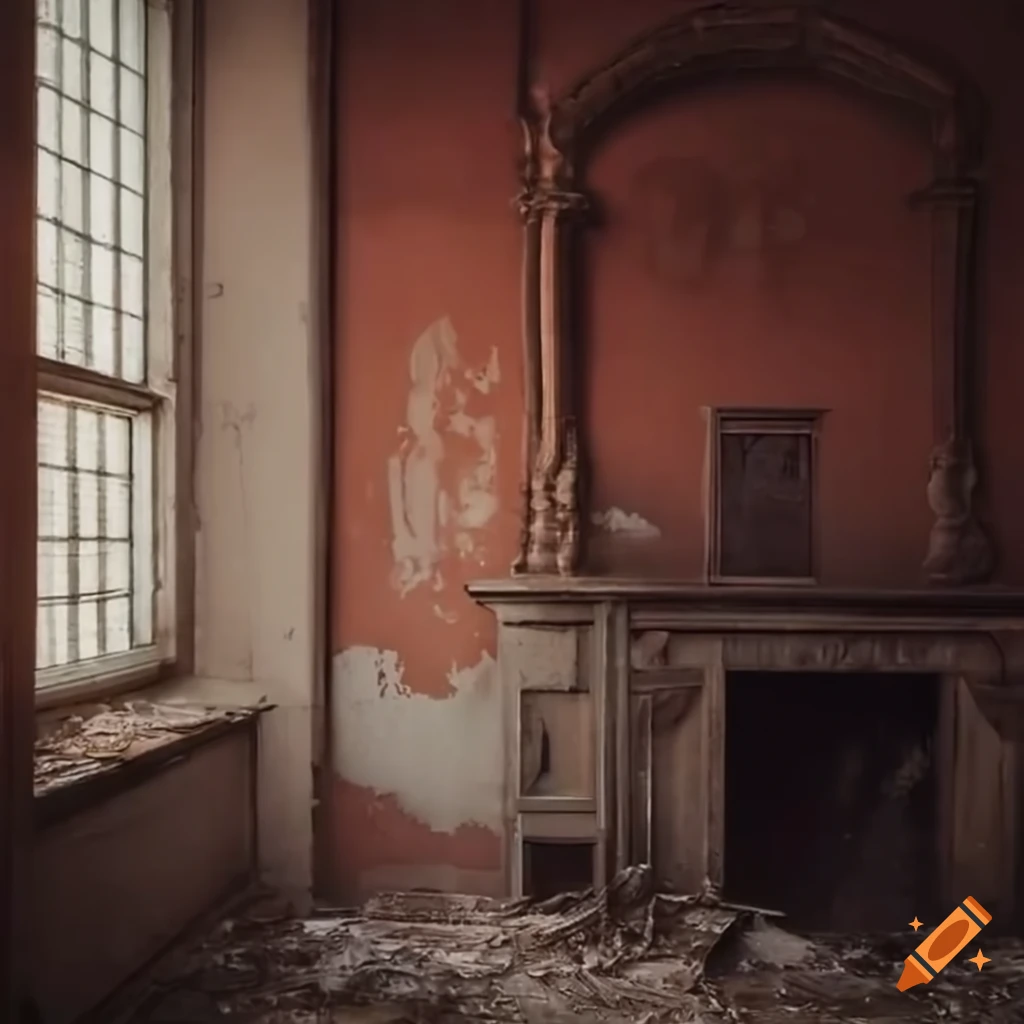 Sunny abandoned room with fog and ornate brick fireplace on Craiyon