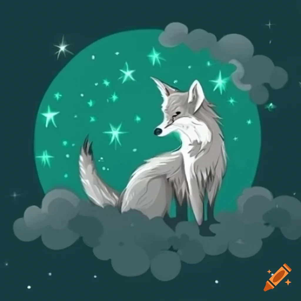 Silver fox surrounded by clouds with emerald stars in the background on ...