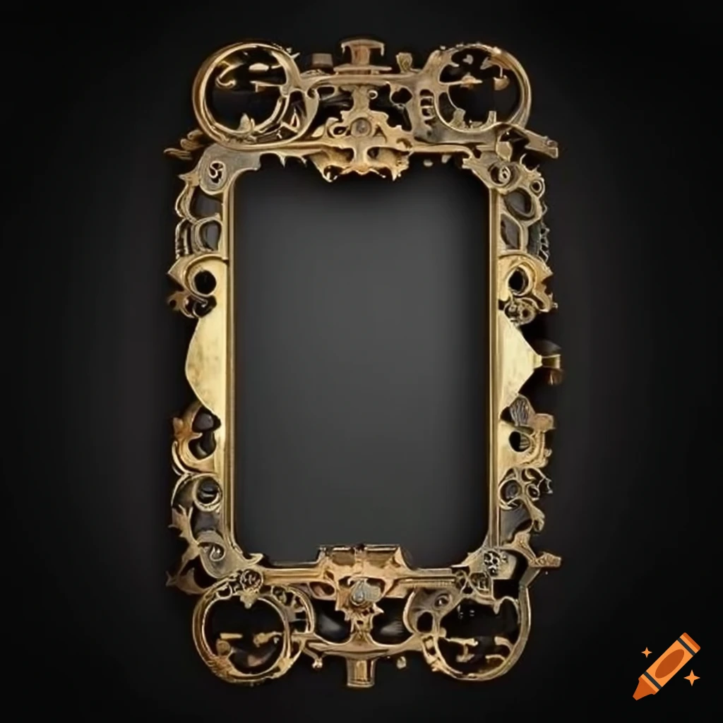 Intricately designed steampunk metal frame with brass-patterned border ...