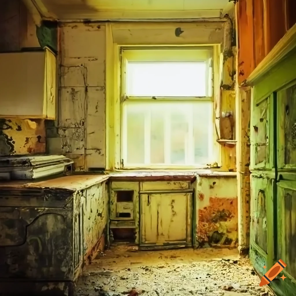 Foggy abandoned kitchen with skylights, peeling paint, and crumbling bricks on Craiyon