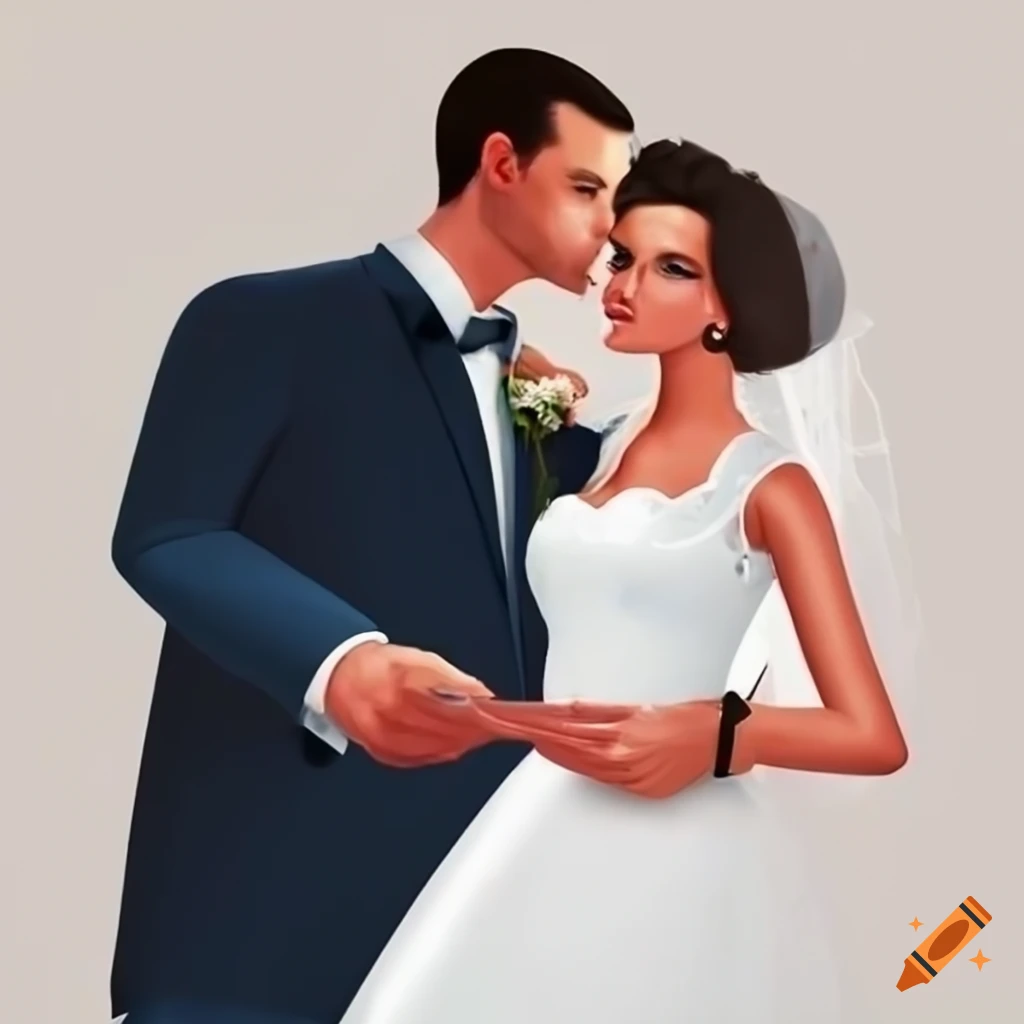 Modern illustrated CGI portrait of a wedding couple on Craiyon