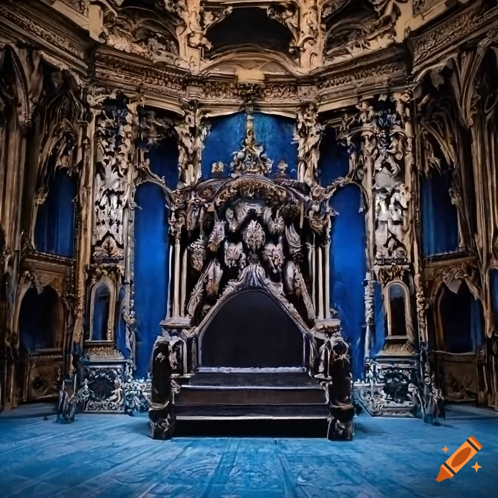 Wide shot of a well-lit medieval throne room with blue banners in ...