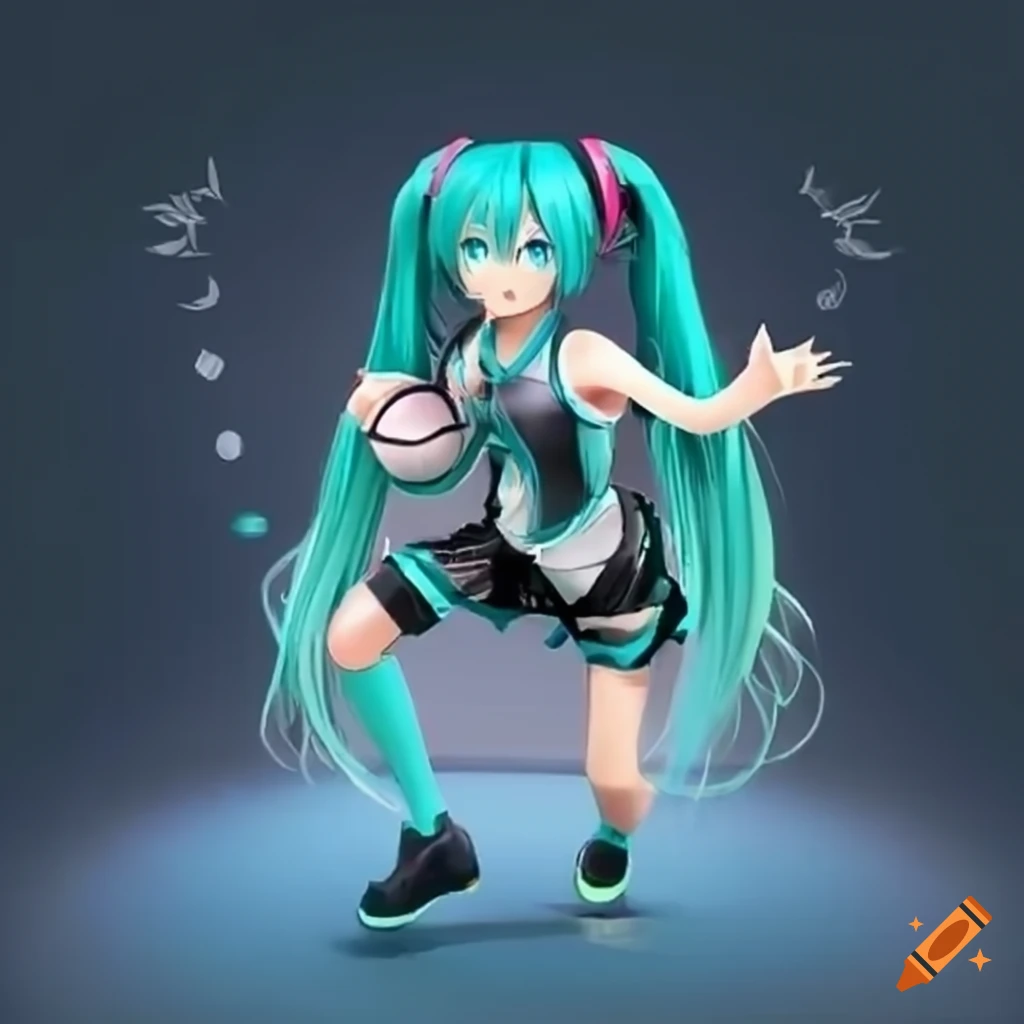 Hatsune Miku playing basketball in sneakers on Craiyon