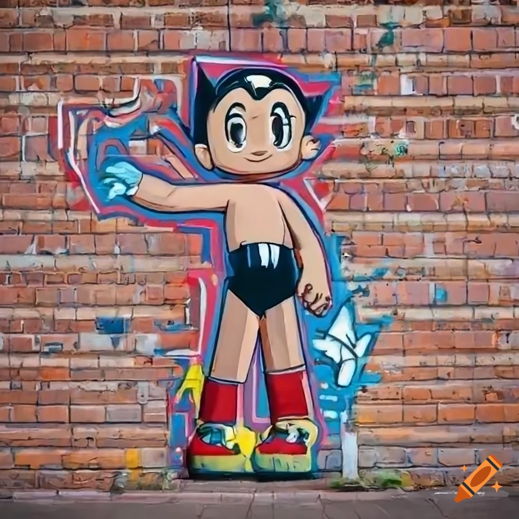 Astro boy graffiti with bright colors on a brick wall on Craiyon
