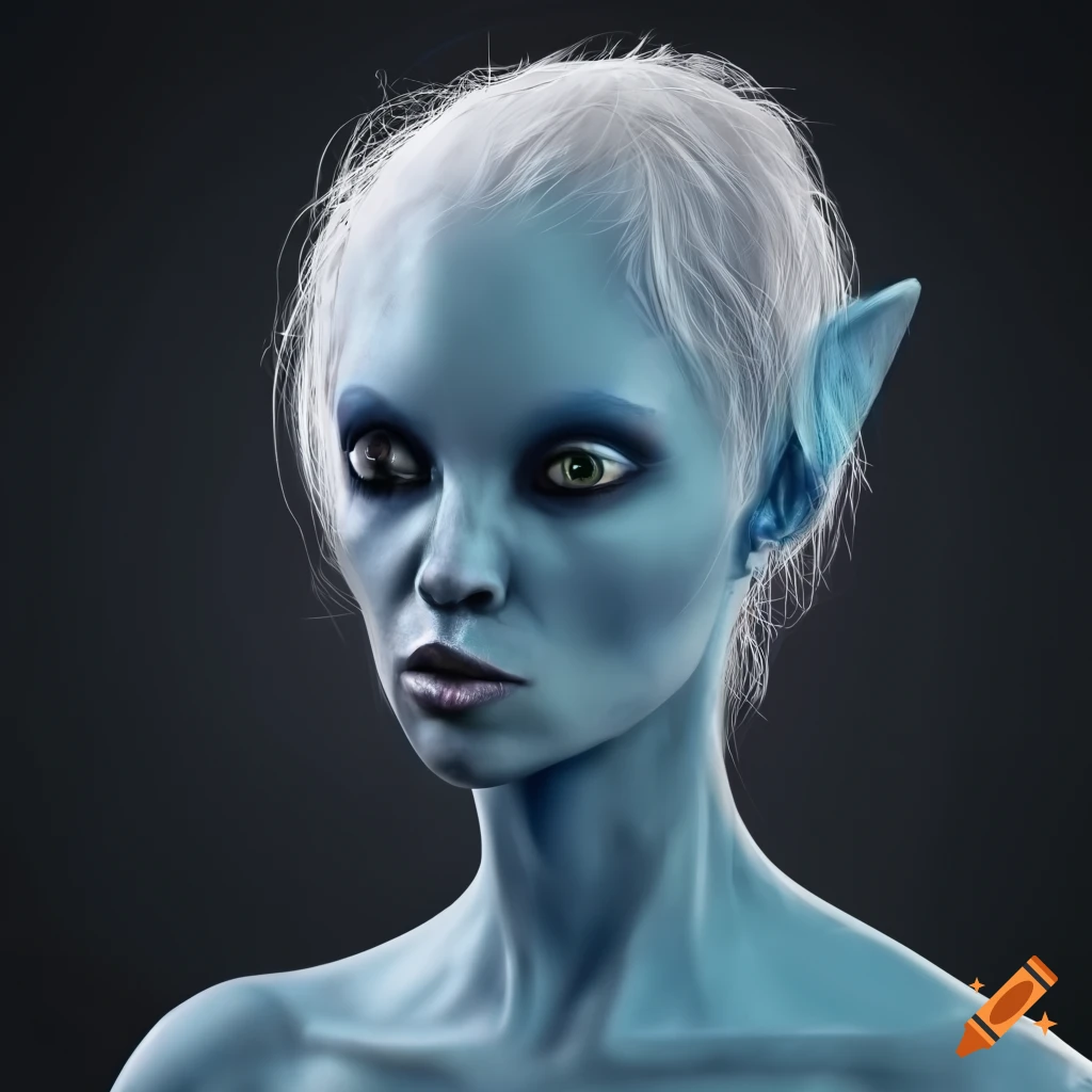 Realistic photo of a blue-skinned humanoid alien woman with pointed ...