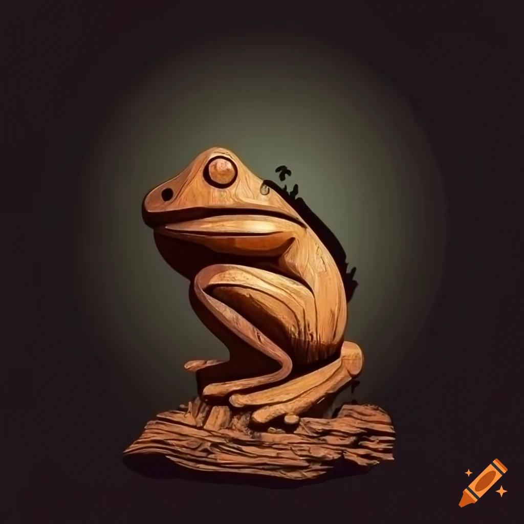 Intricately carved wooden frog sculpture in a mystical forest fog on ...