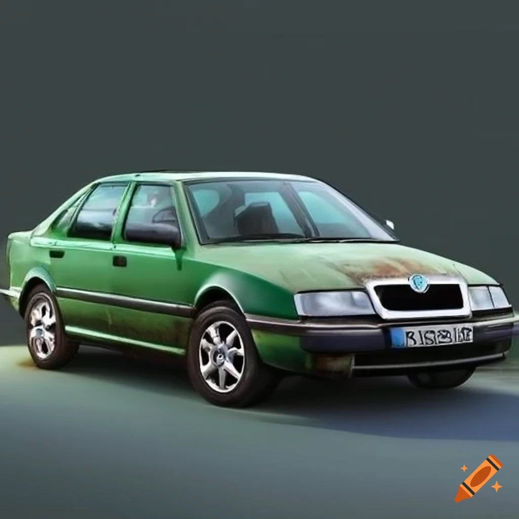Symmetrical old rusty green skoda octavia 1998 in a village setting on ...