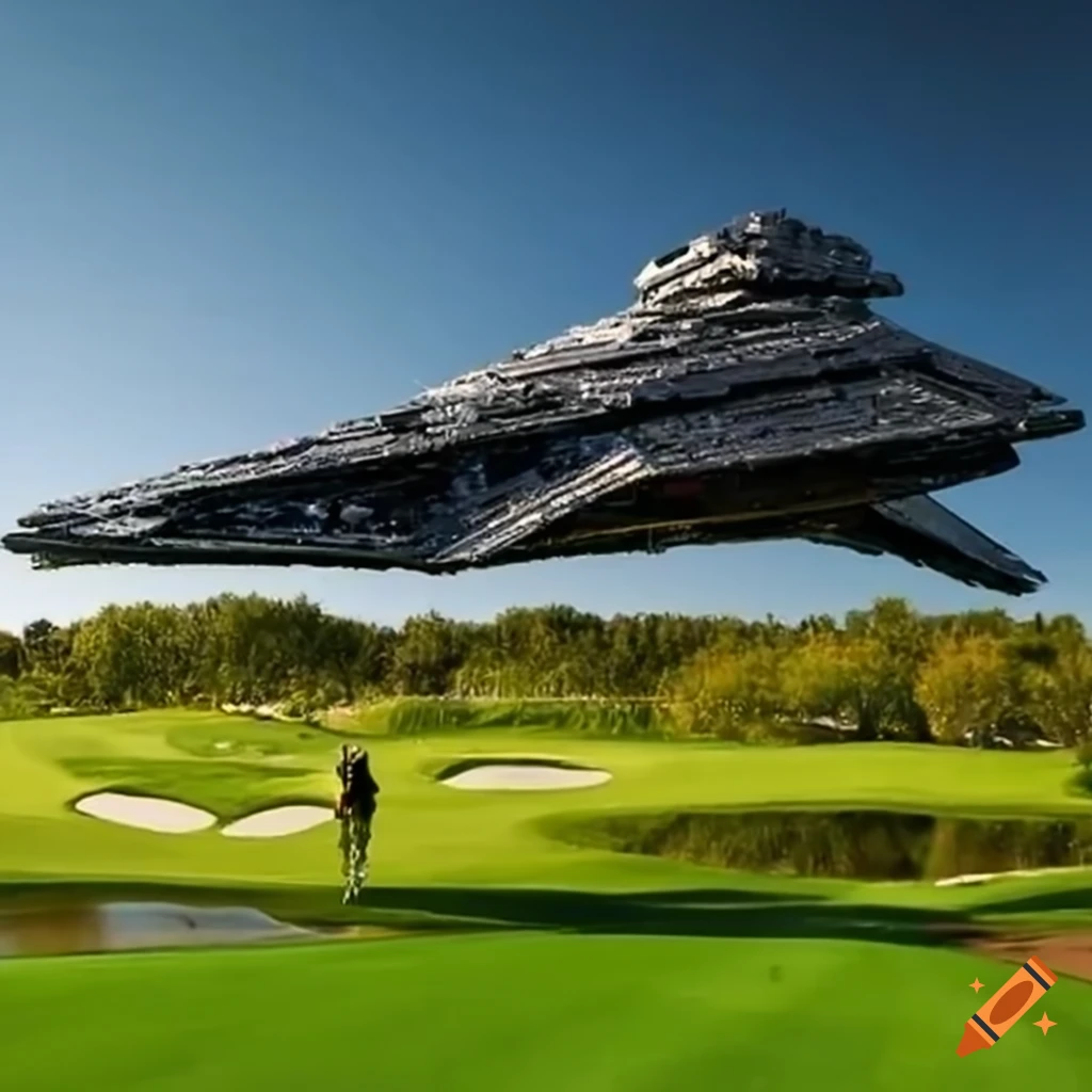 Star wars destroyer with green golf course in space on Craiyon