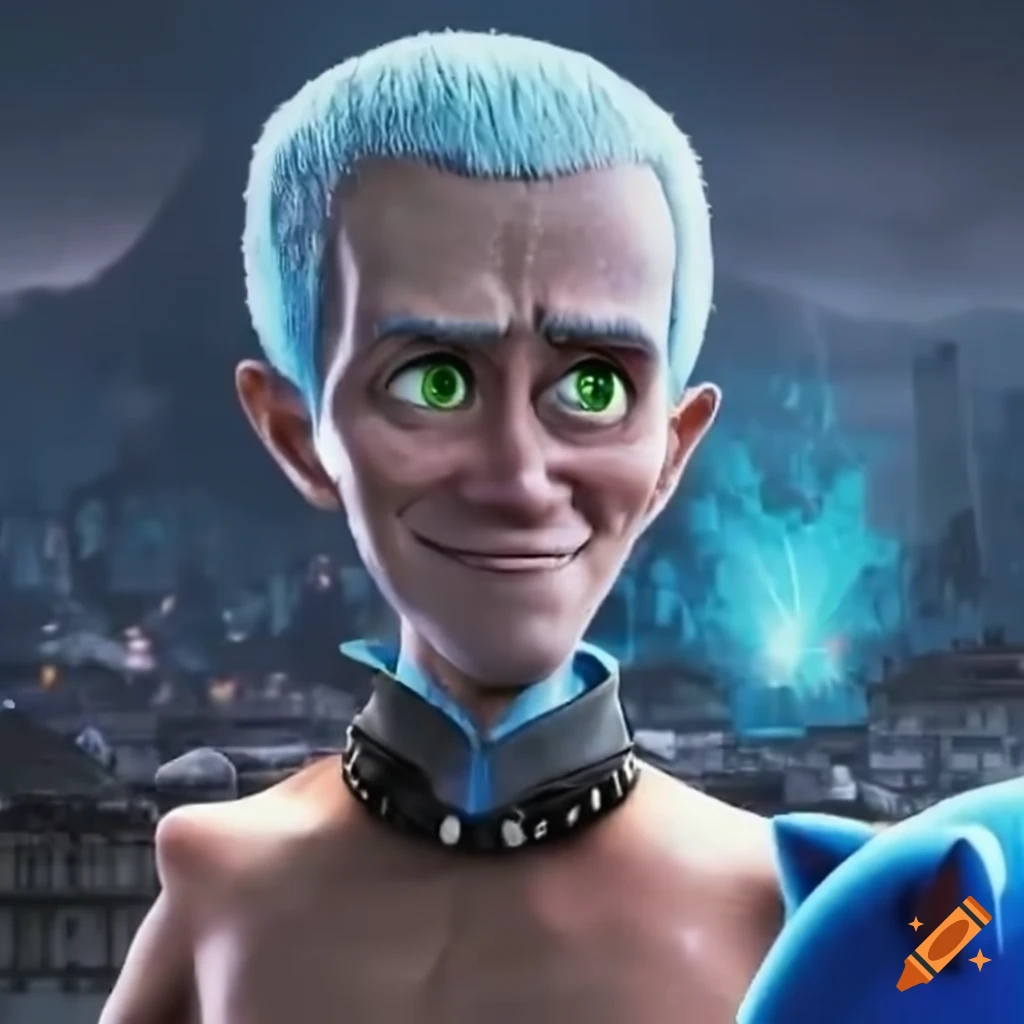 Megamind fighting sonic the hedgehog in action on Craiyon