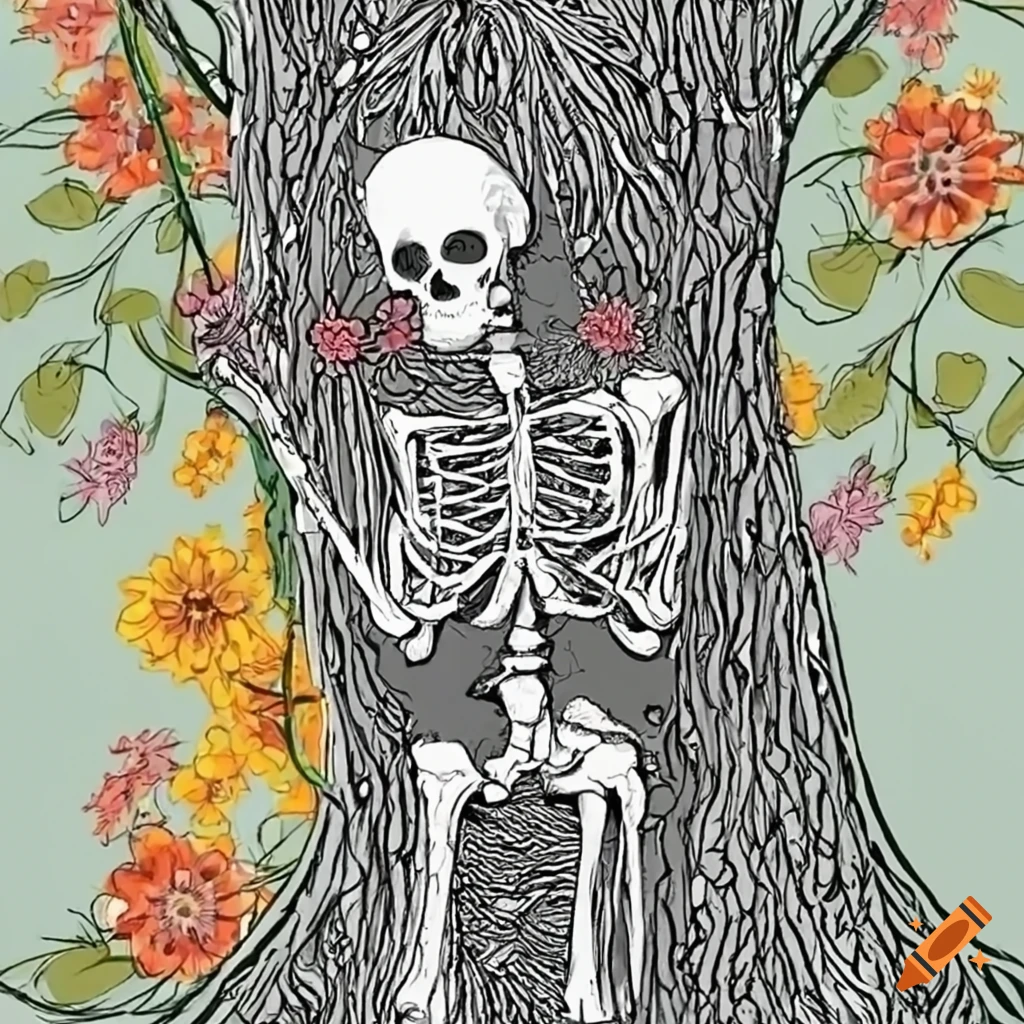 Skeleton leaning on a tree surrounded by flowers on Craiyon