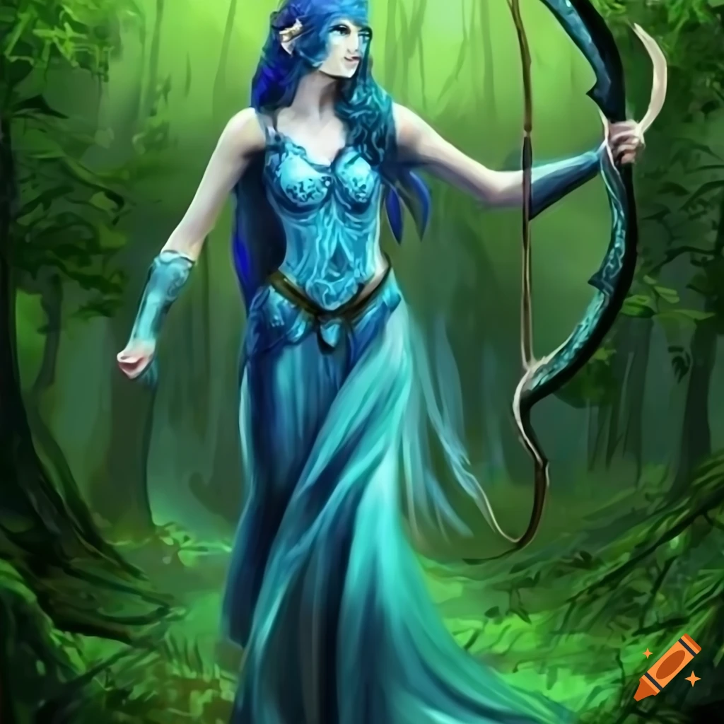 Blue elven archer in a green forest on Craiyon