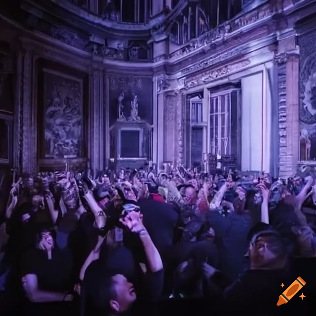 Large rap concert in a renaissance-style room on Craiyon