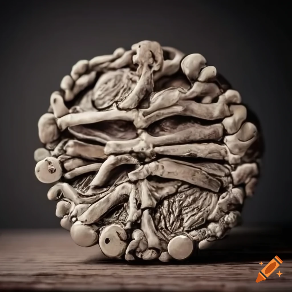 Fantasy masterful coin made of white bones on an old table on Craiyon