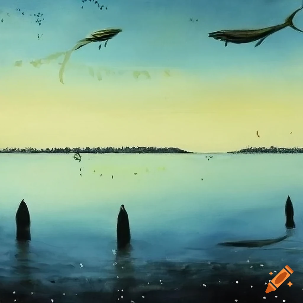 Watercolor landscape with white fish painting by rené magritte on Craiyon