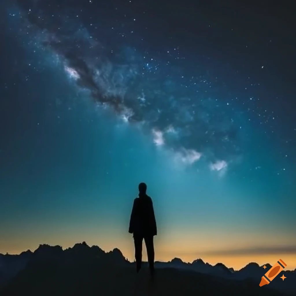 Panoramic view of towering peaks with a person observing the celestial ...