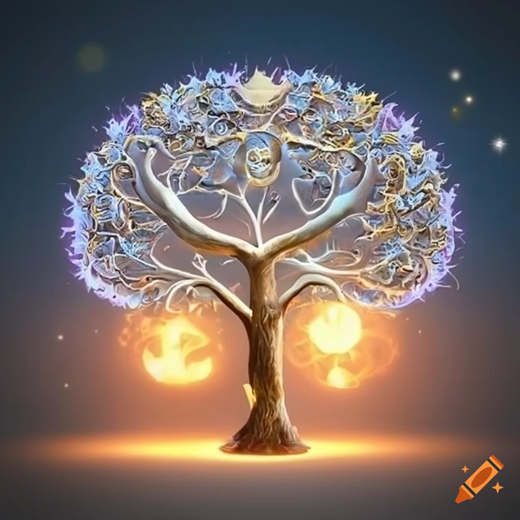 3d tree of life in golden and white colors with a celestial fire on Craiyon