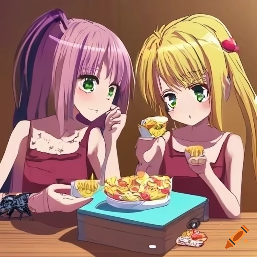 Two anime girls arranging snacks on a table on Craiyon
