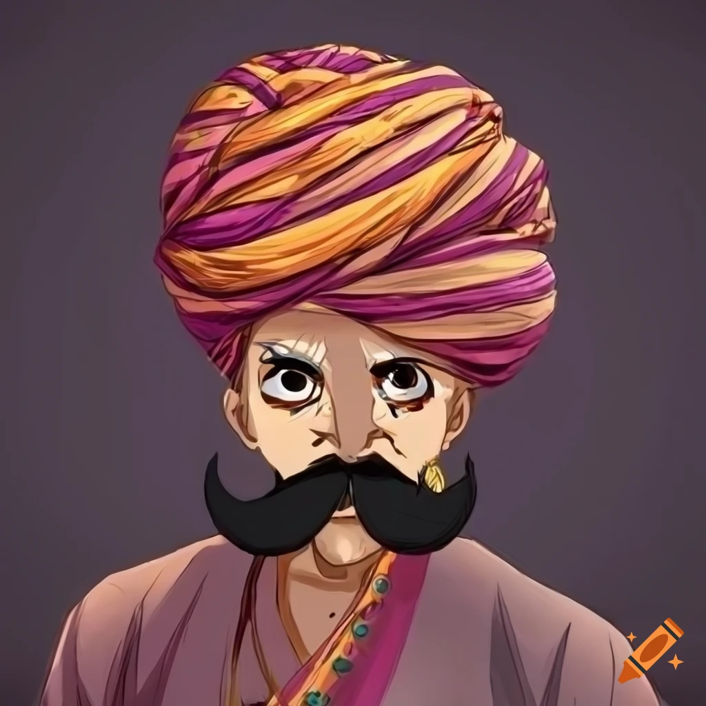 Anime style rajasthani man with turban and big mustache on abstract ...