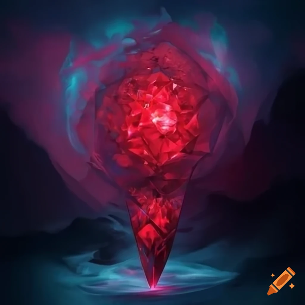 Red floating crystal in a dark abstract fantasy world on Craiyon