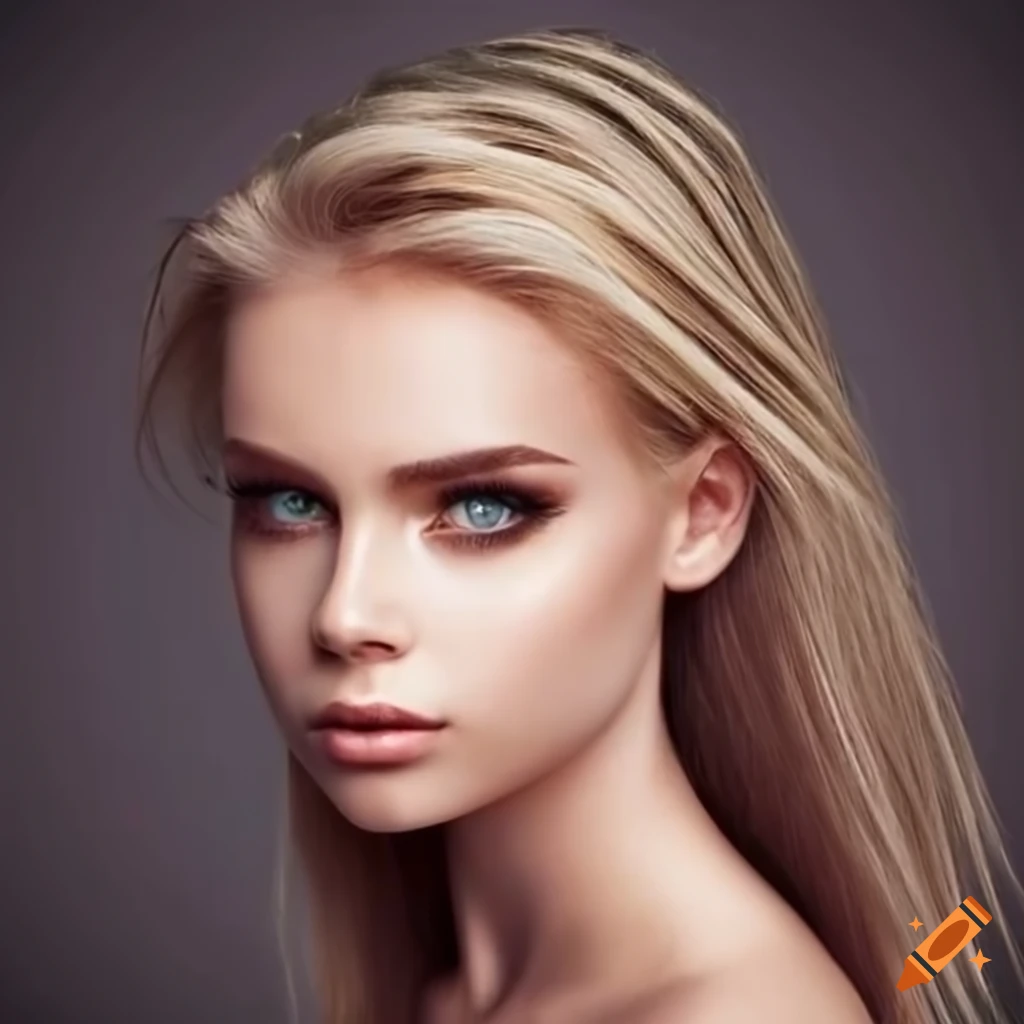 Beautiful young woman with blonde hair and green-brown eyes on Craiyon