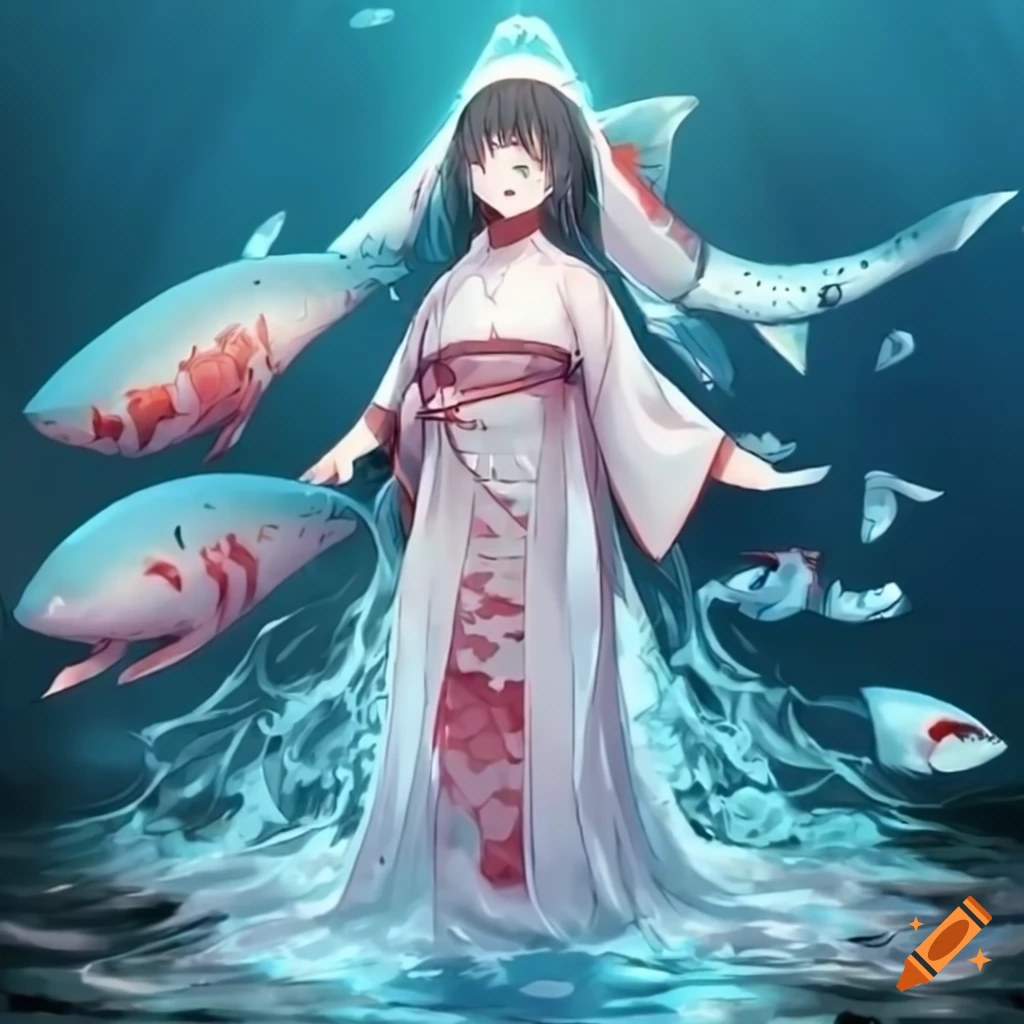 Japanese anime shark girl and fish-like priest in underwater setting on ...