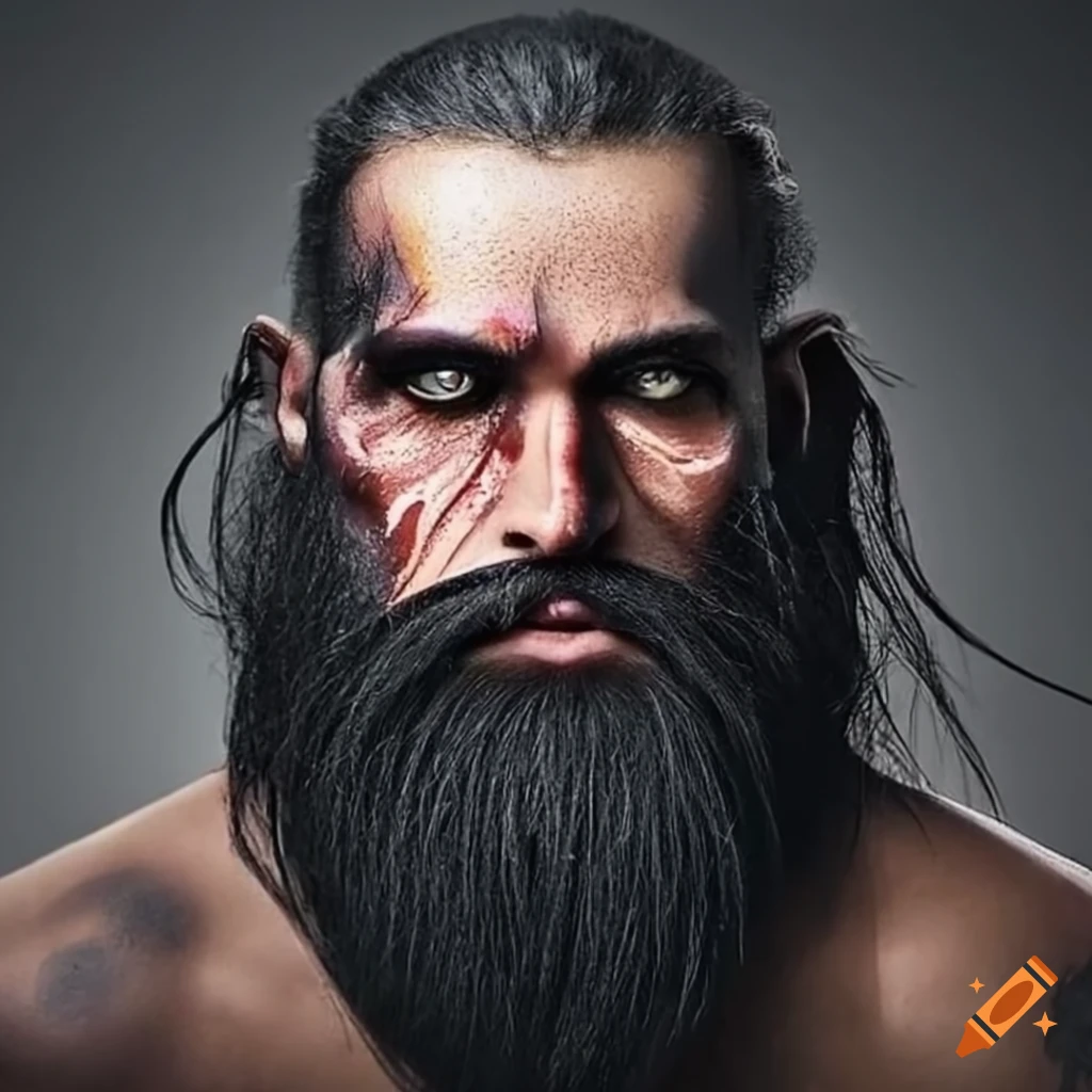 Intense looking man with black beard, long hair, and facial scar on Craiyon