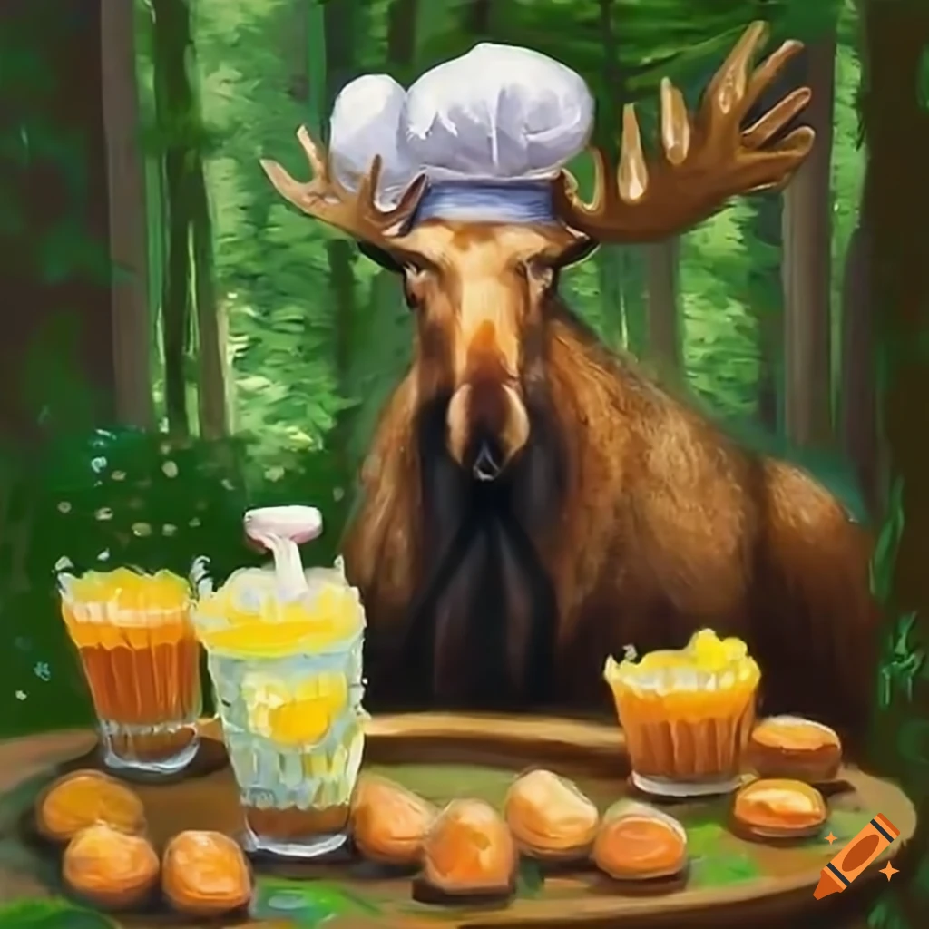 Moose with chef's hat behind lemonade stand selling muffins in the ...