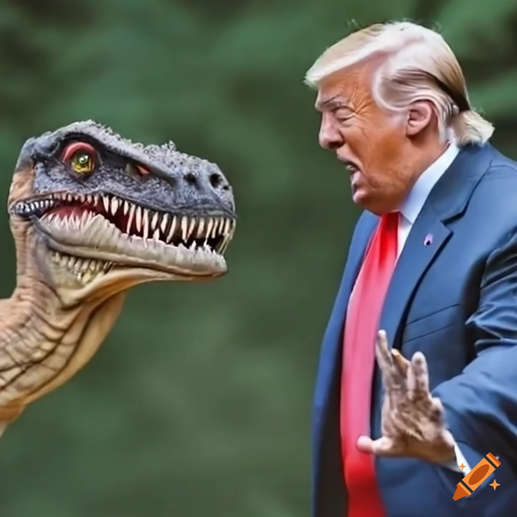 Satirical depiction of a battle between donald trump and a velociraptor ...