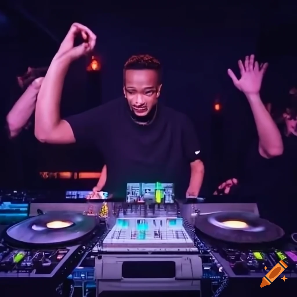 Dj mixing beats while people dance joyfully in a club on Craiyon