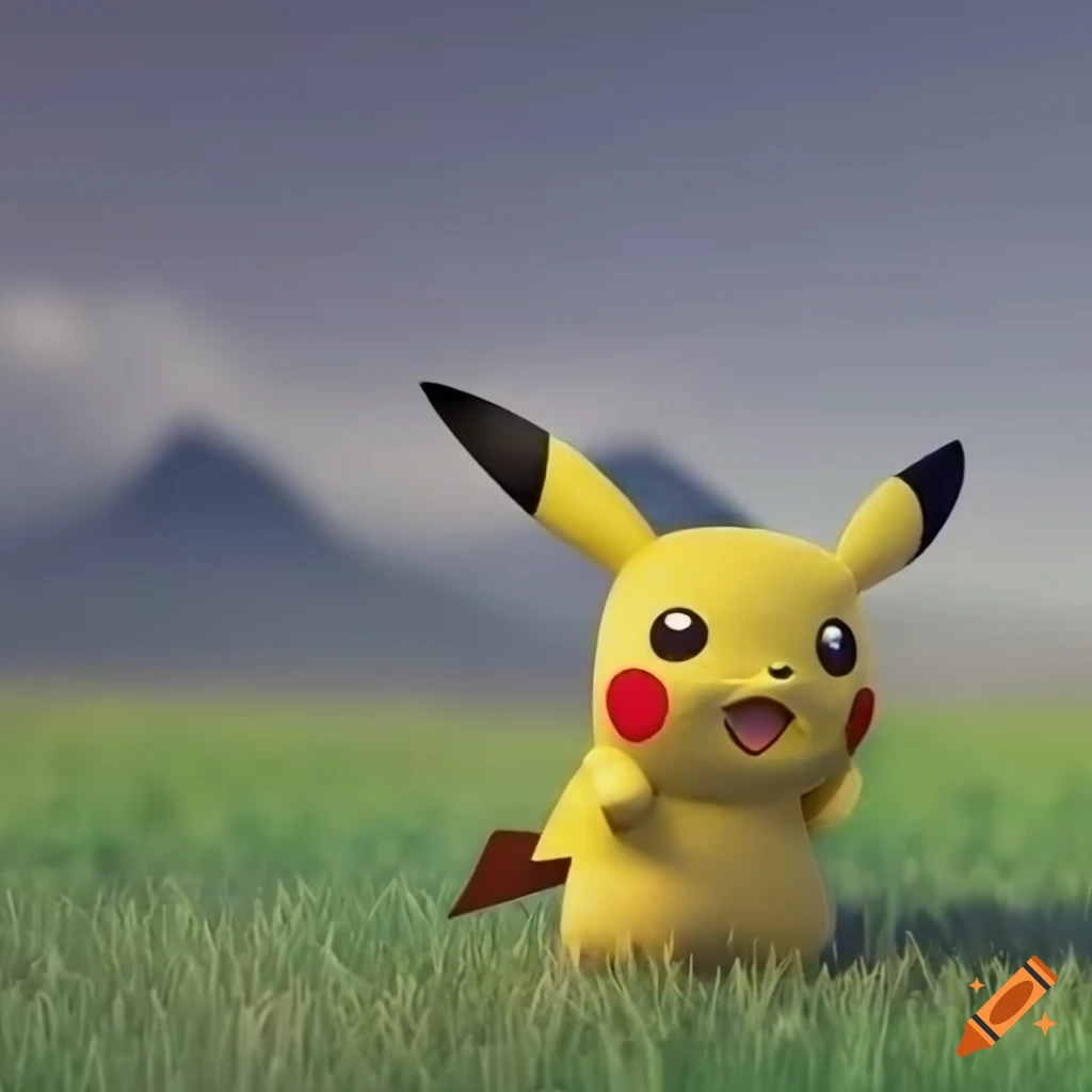 Pikachu on grassfield with mountains in the background on Craiyon