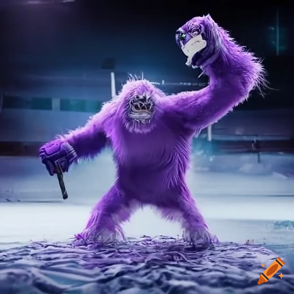 Purple yeti playing hockey in an arena with fans on Craiyon