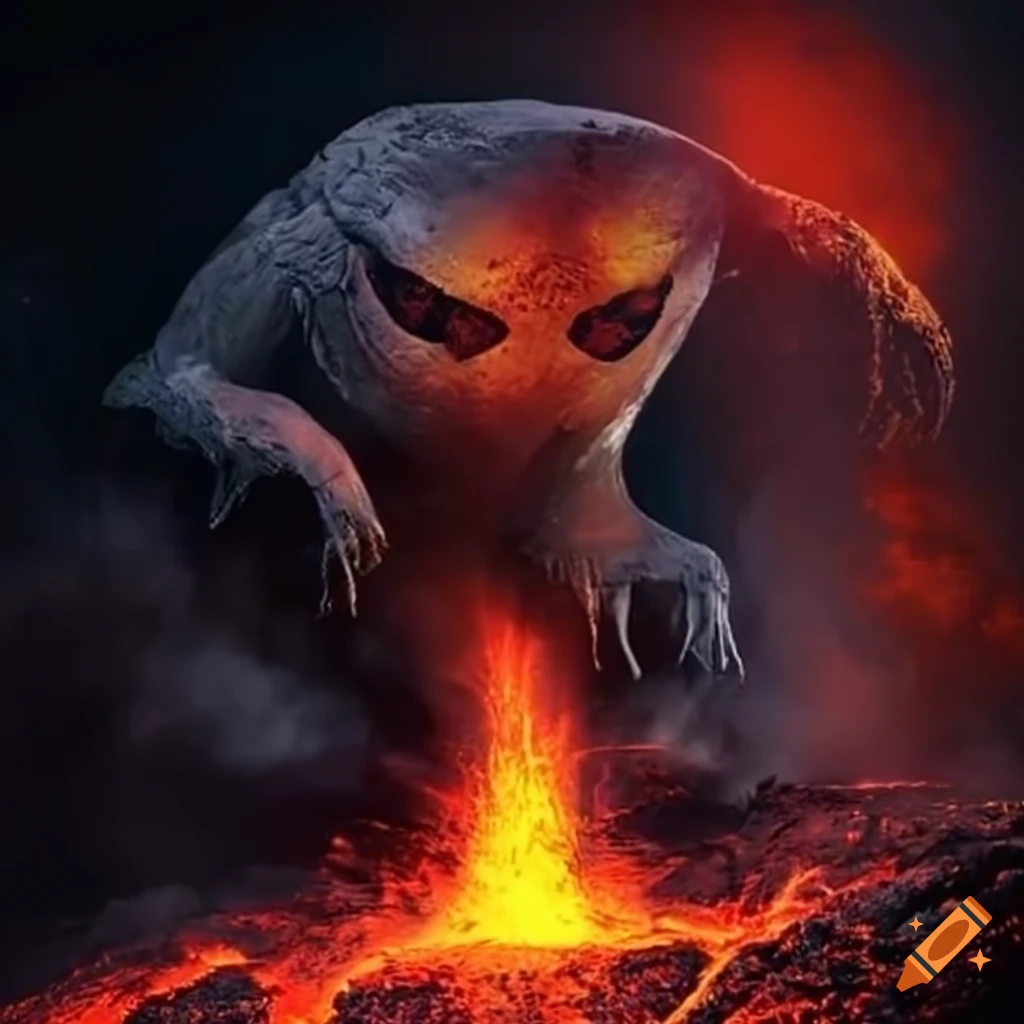 Earth monster in a lava lake within a volcano on Craiyon