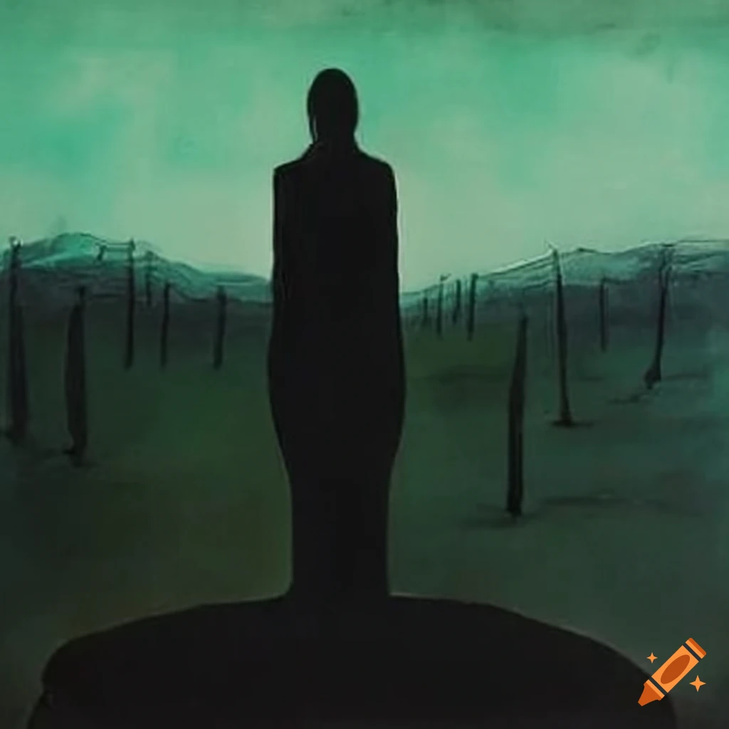 Black figure painting by rené magritte in a watercolor landscape on Craiyon