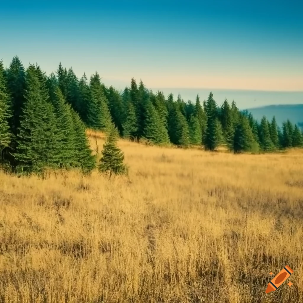 Expansive dry grass plains with patches of sparse spruce trees and ...