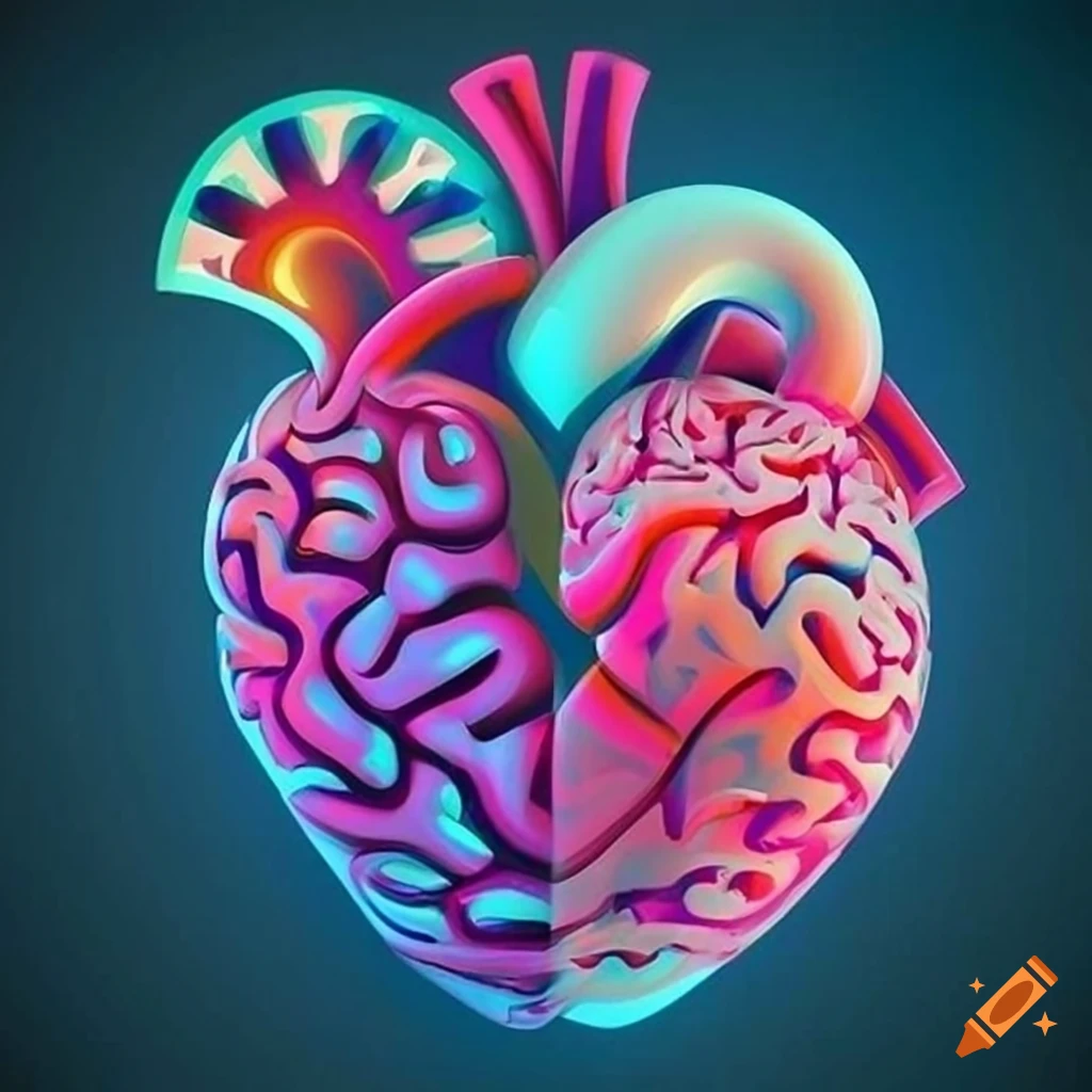 Abstract illustration of heart and brain fusion with vibrant colors on ...