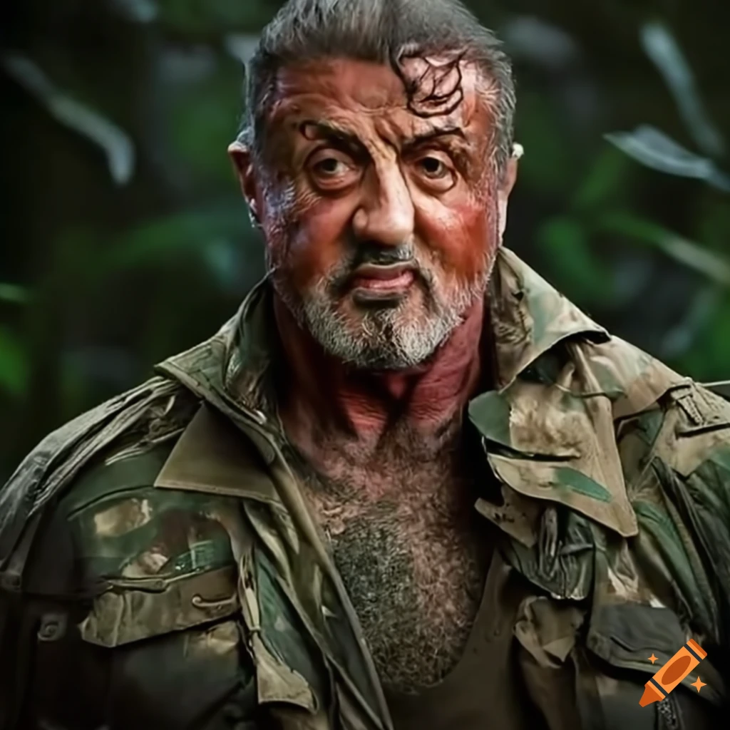 Cinematic portrait of bearded old man sylvester stallone in a jungle ...