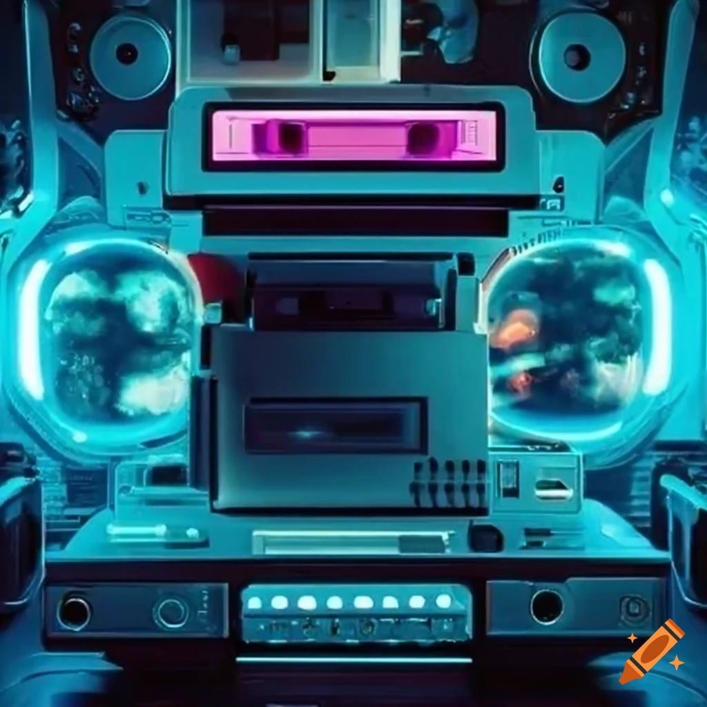 Retro futuristic 1980s cassette player in a space lab on Craiyon