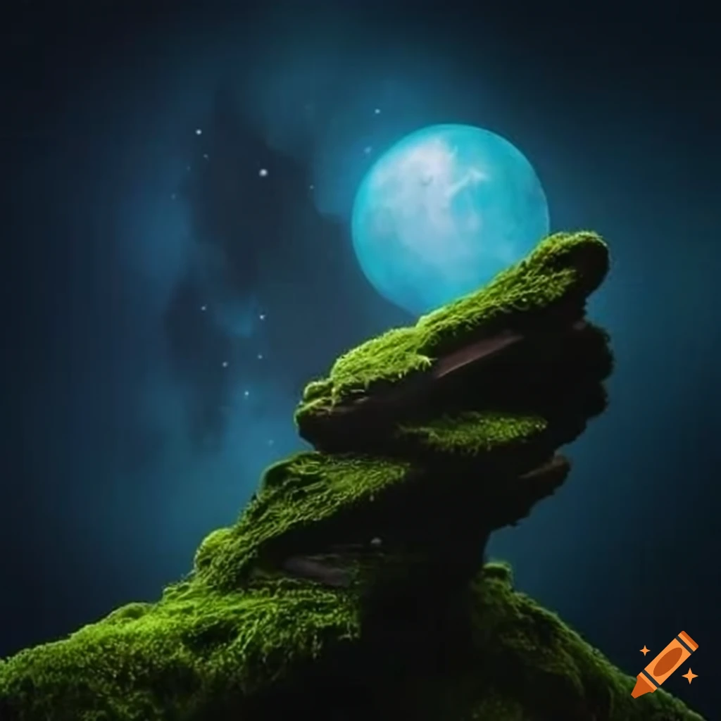 Moss-covered books under a moonlit galaxy on Craiyon