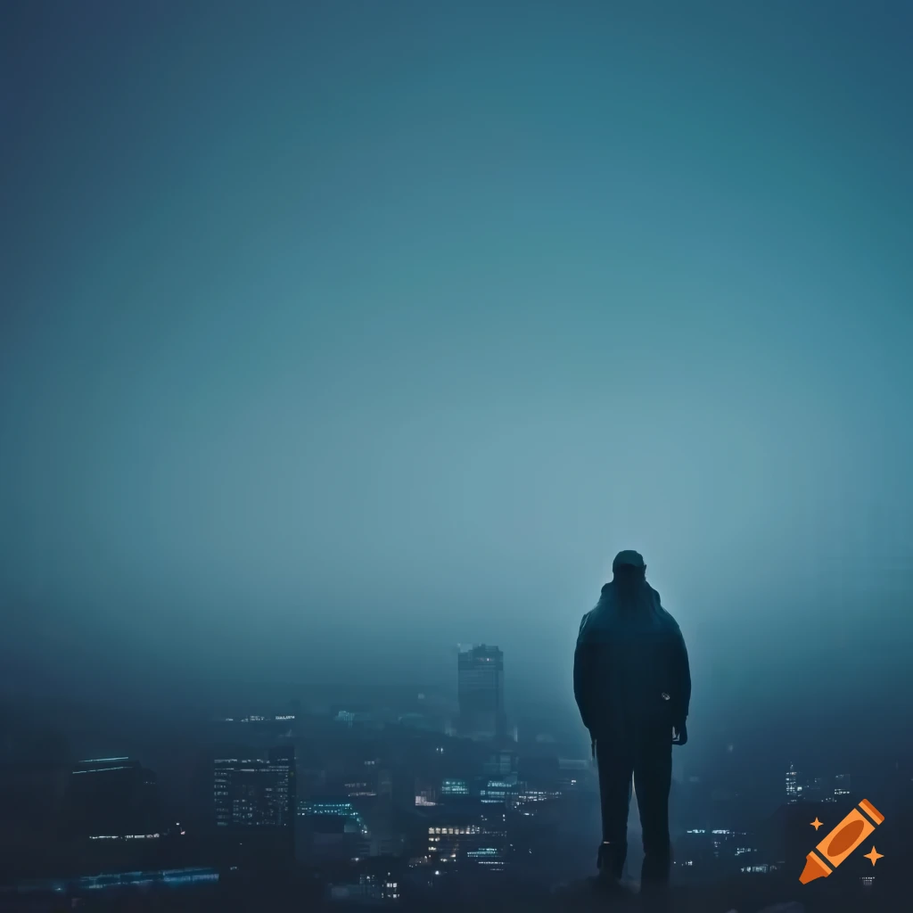 Silhouette of young man looking at city skyline through dense fog on ...