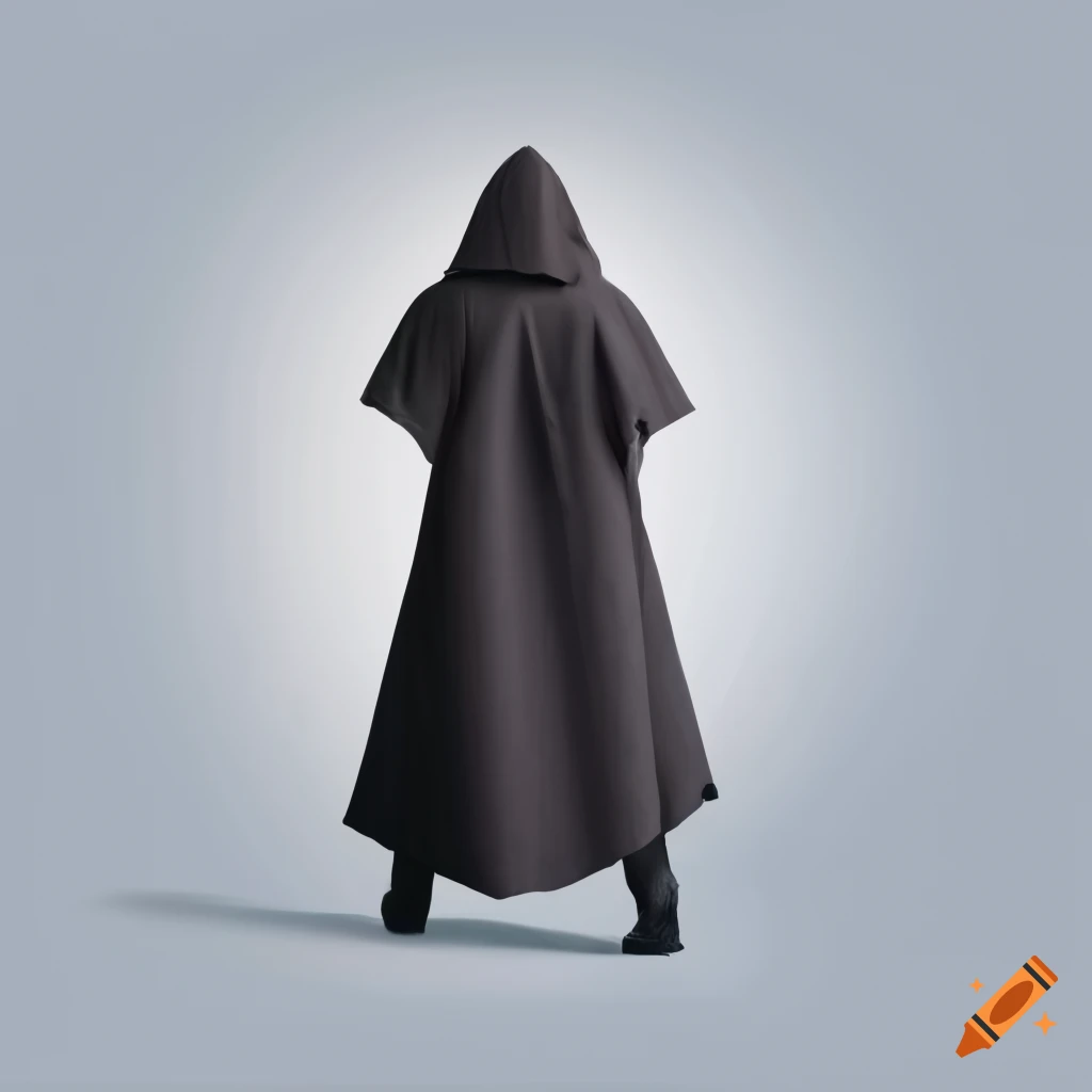 Hooded wanderer facing away on a white background on Craiyon