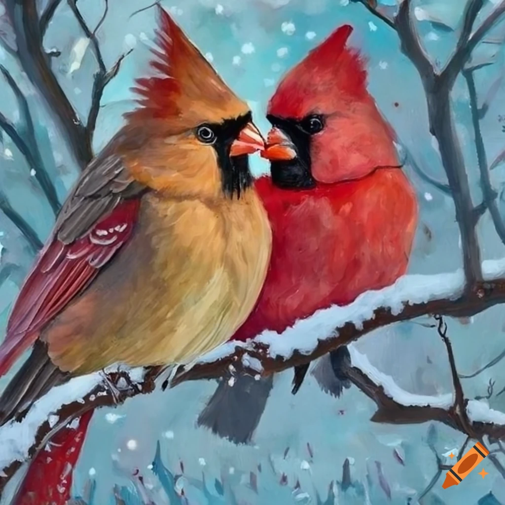 Colorful cardinal birds on a snowy branch with a rustic cottage in the ...