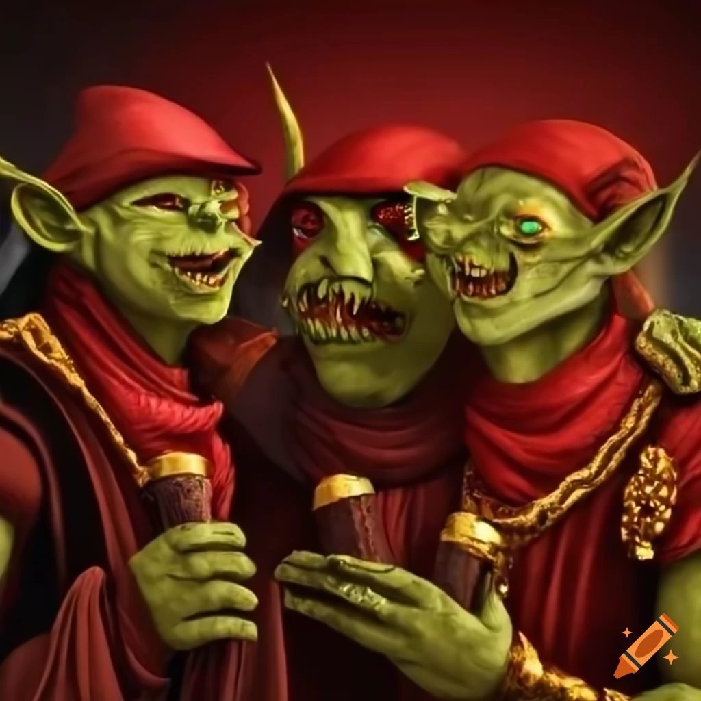 Group of four goblins dressed in red and gold on Craiyon