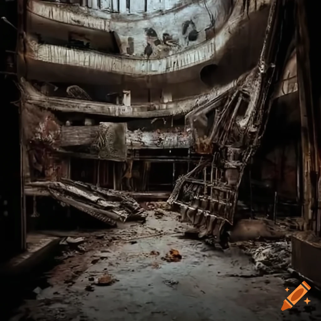 Post-apocalyptic haunted interior of a shopping complex on Craiyon
