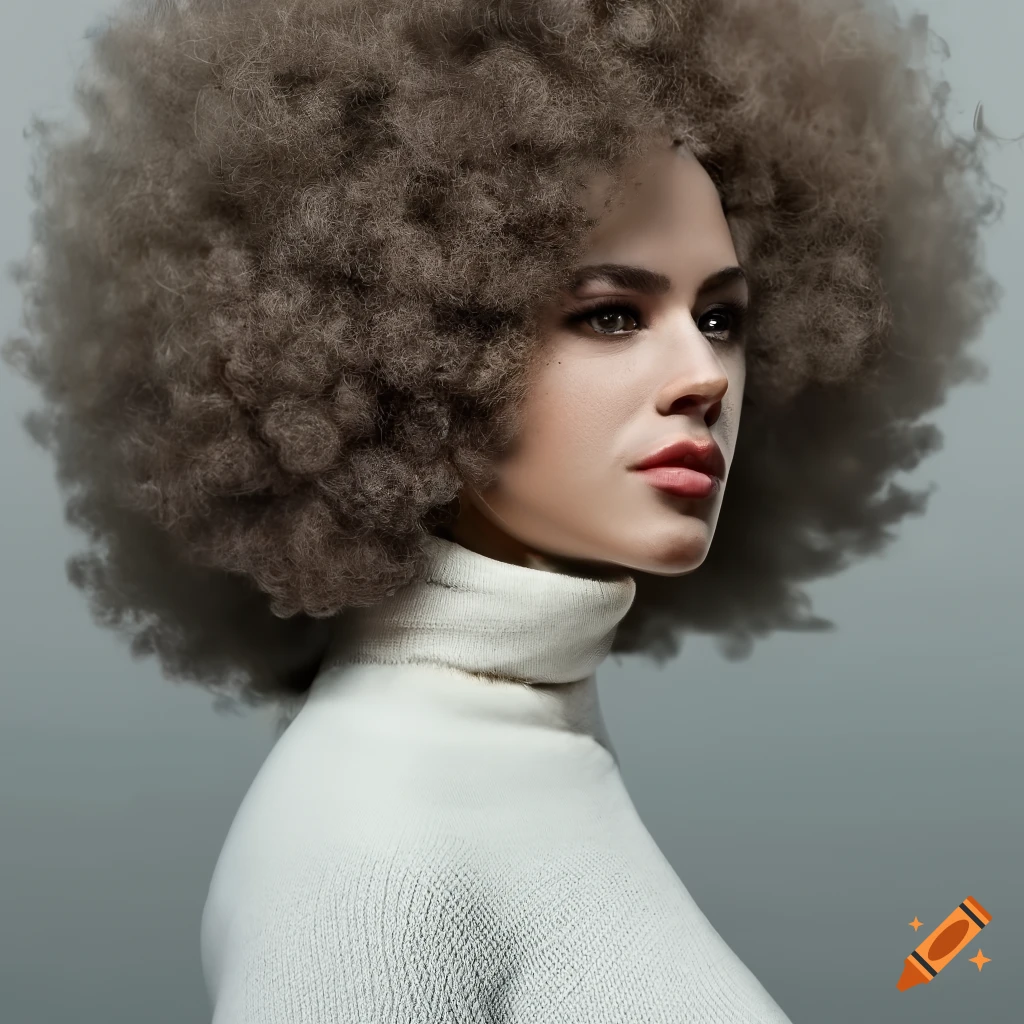 Stunning Woman With A Massive Afro And White Turtleneck Sweater On Craiyon