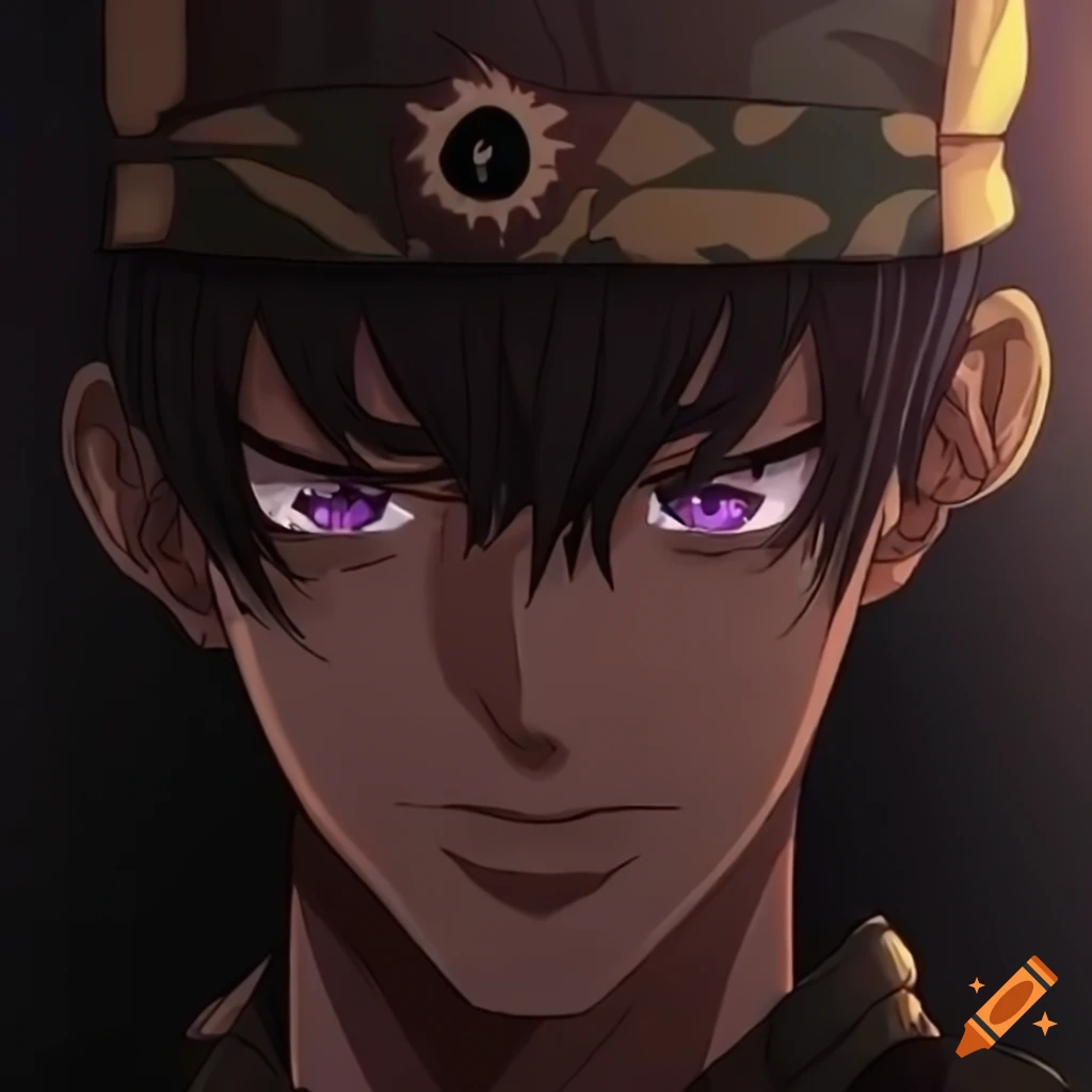 Black hair soldier army adult boy in anime style on Craiyon